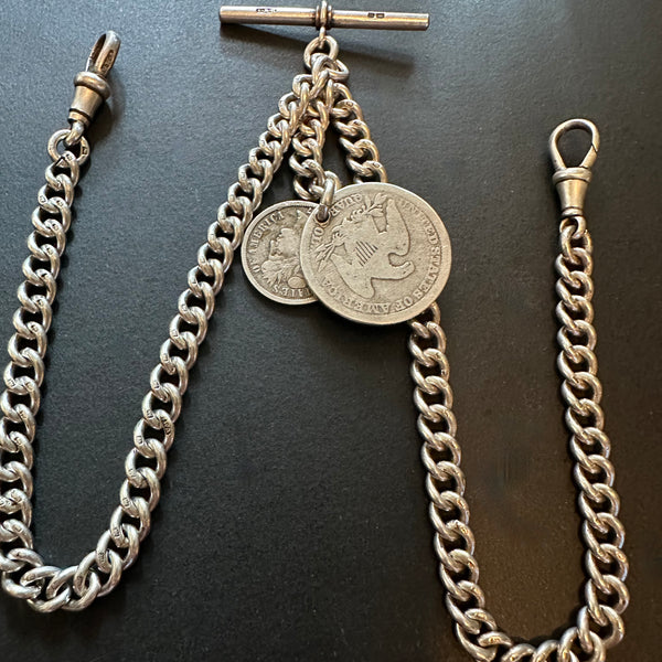ANTIQUE SILVER DOUBLE ALBERT WITH COIN FOBS - Ashton-Blakey Vintage Watches